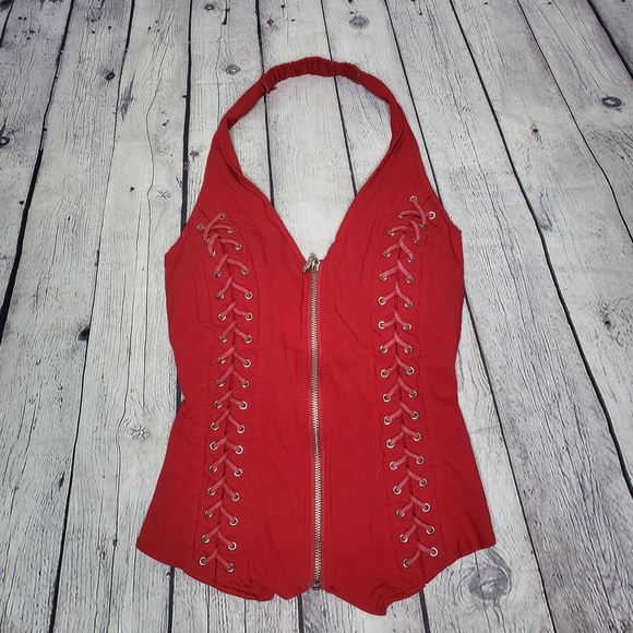 Source Unknown | Tops | Red Halter Corset Bustier Lace Up Top Large ...